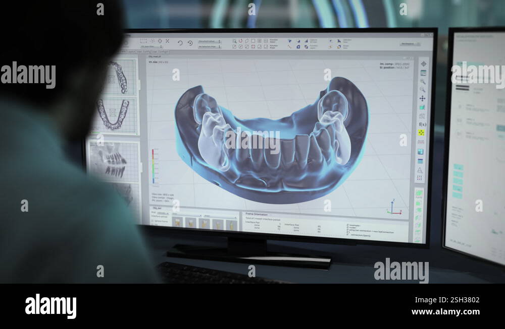 Dentist observing the healthcare software interface producing virtual ...