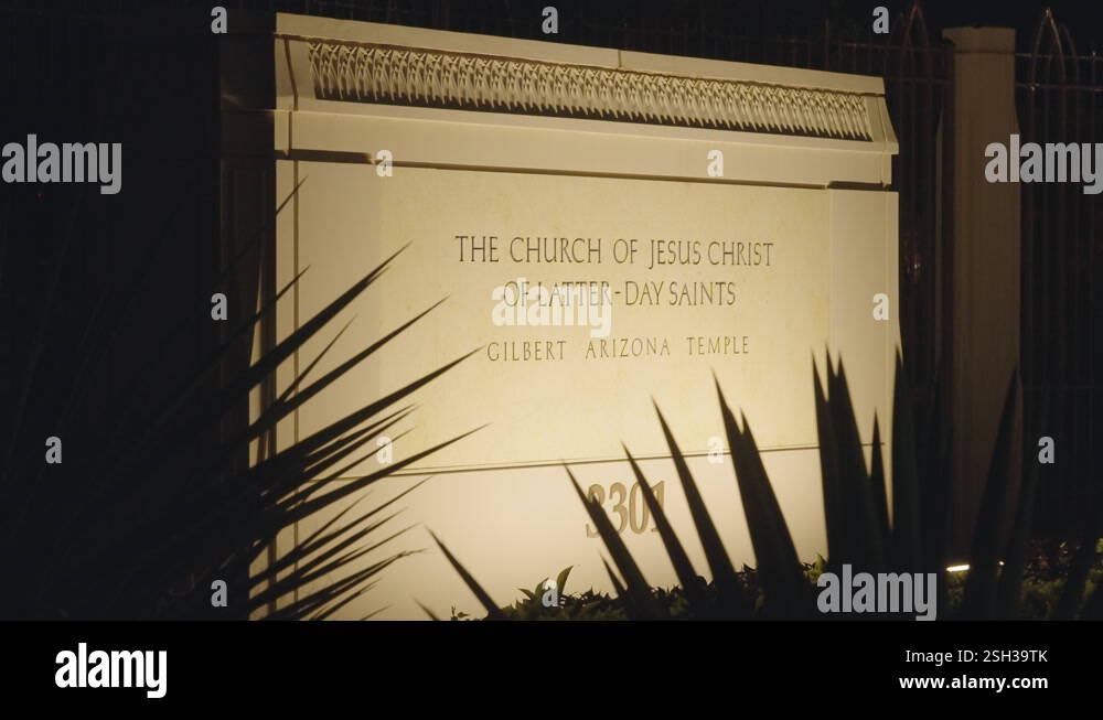 Sign of LDS Church Mormon Temple at Night that says "The Church of ...