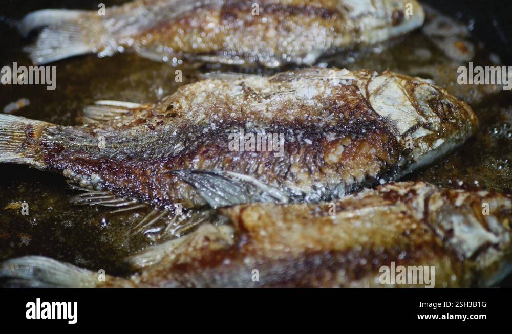 three freshwater fish with a crust fry in a frying pan, close-up Stock ...
