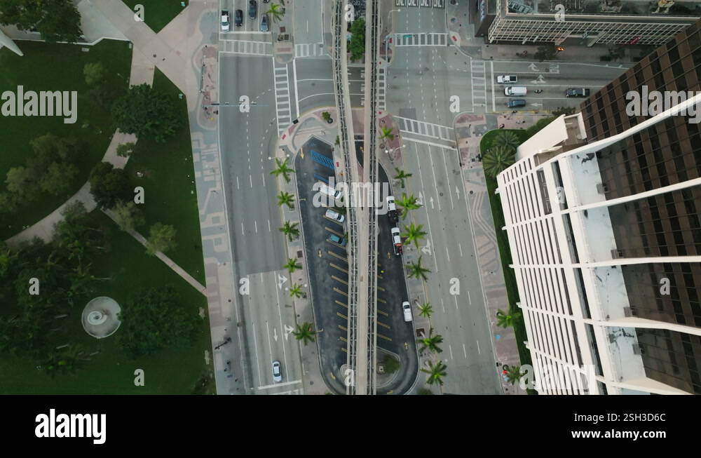 Metro railway on Biscayne boulevard in Miami. Top down view. Empty road ...