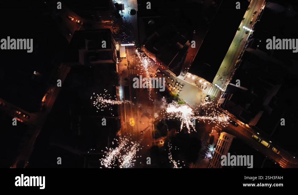 Top Down Aerial View of Fireworks, Exploding Pyrotechnic Above Square and Stock Video Footage ...