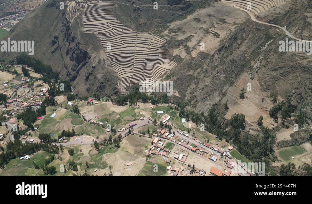 aerial view of sacred valley peru Inca empire Pisac ruin drone fly ...