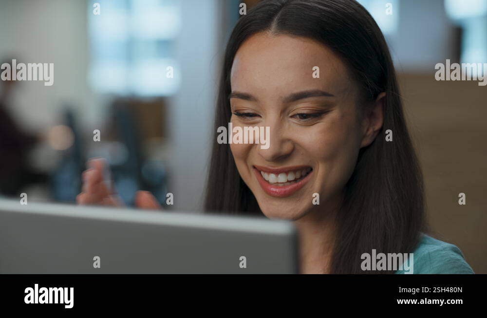Happy hr manager waving hello to tablet screen lobby. Woman holding video call Stock Video ...
