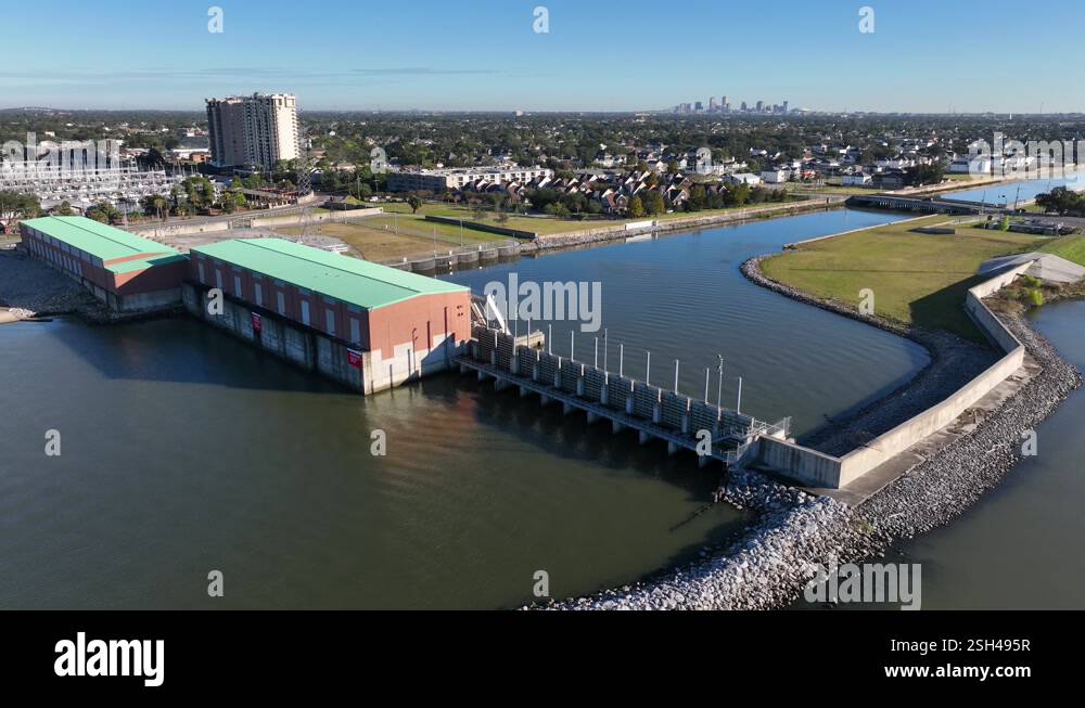 Lock and canal levee system in New Orleans. Aerial view at Lake Stock ...