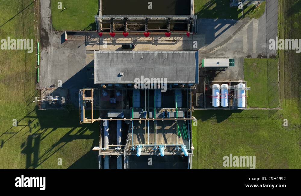 Pump and levee system to protect city from flooding. Aerial view at ...