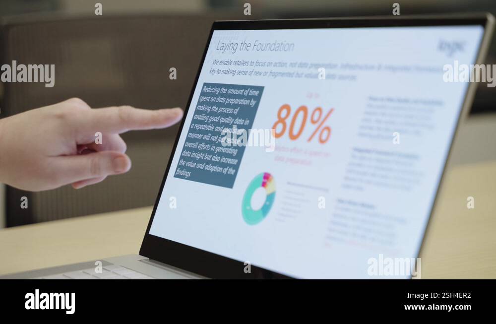 Anonymous person's hands pointing at laptop screen checking or ...