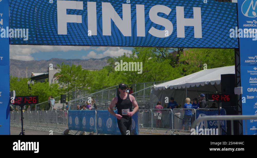 Ogden Utah Marathon on May 21st 2022. Editorial clip of finish line as ...