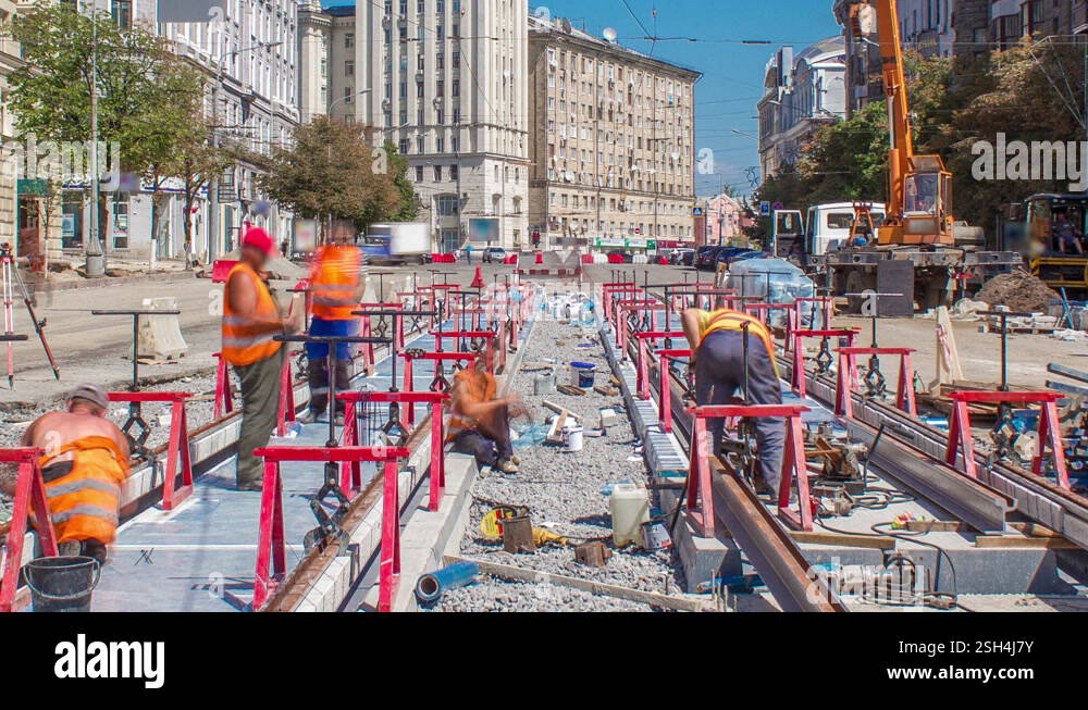 Tram rails at the stage of their installation and integration into ...
