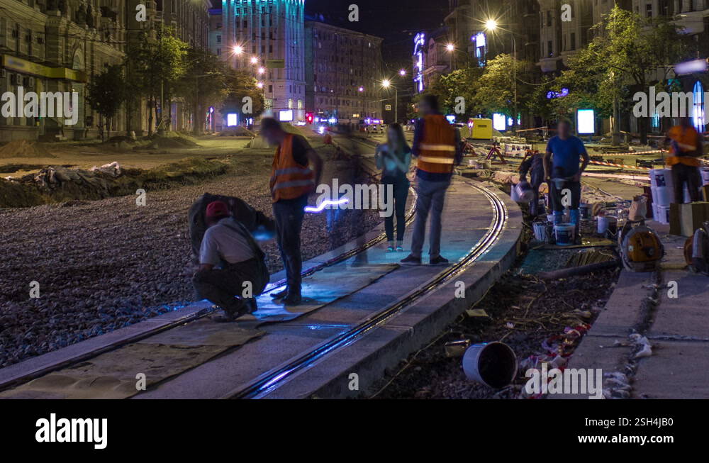 Tram rails at the stage of their installation and integration into ...