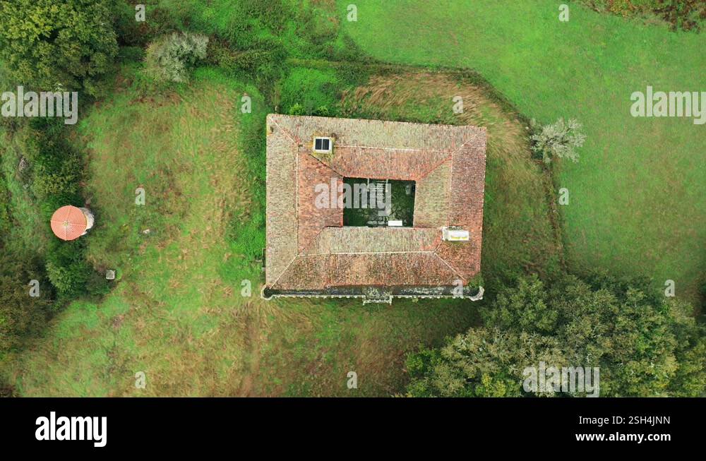 Pazo House in Green Rural Landscape, Vertical Top Down Aerial Zoom Out ...