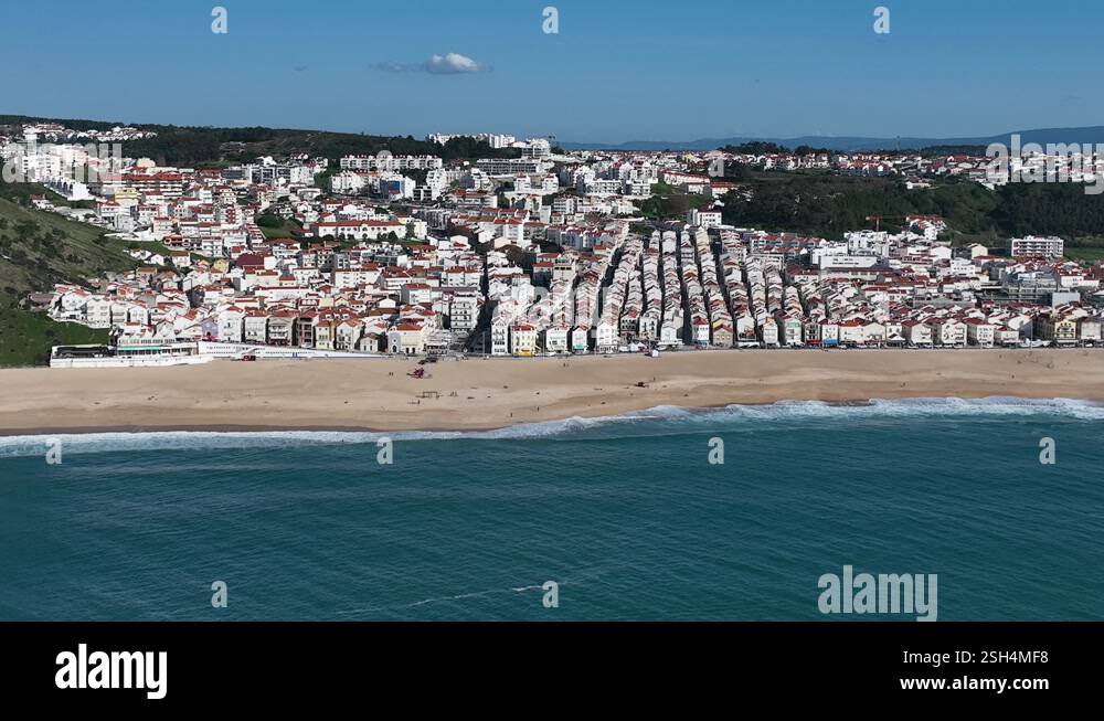 Nazare Town in Portugal. Beach and Cityscape. Drone Point of view. 4k ...