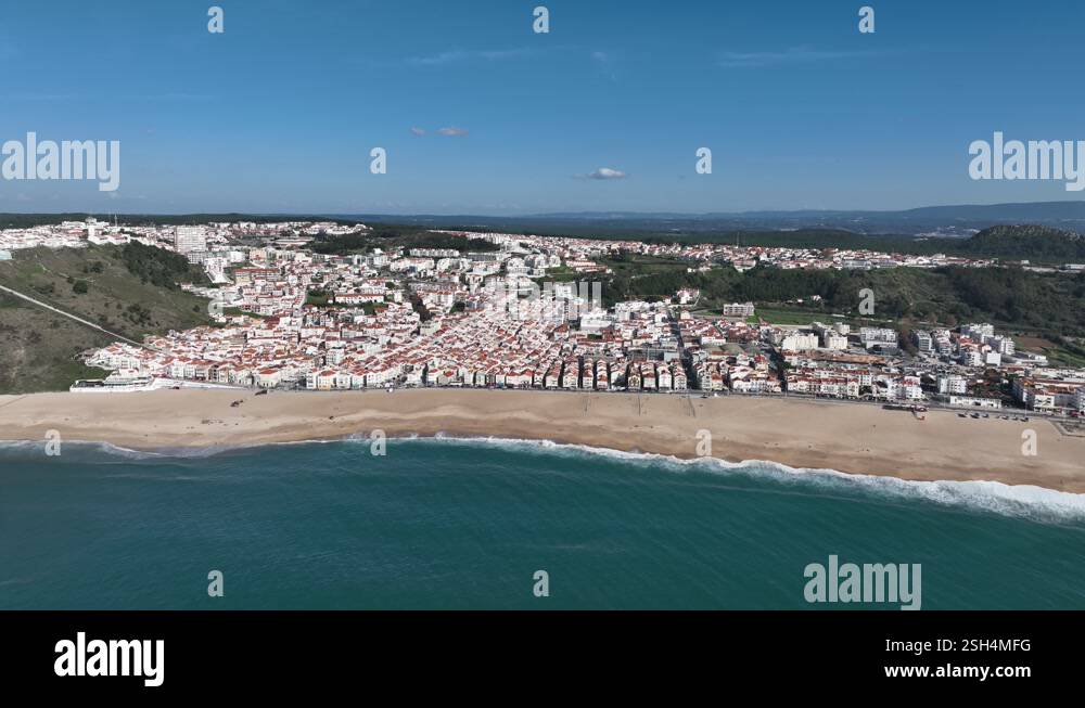 Nazare Town in Portugal. Beach and Cityscape. Drone Point of view. 4k ...