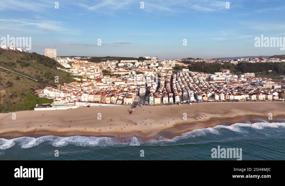Nazare Town in Portugal. Beach and Cityscape. Drone Point of view. 4k ...