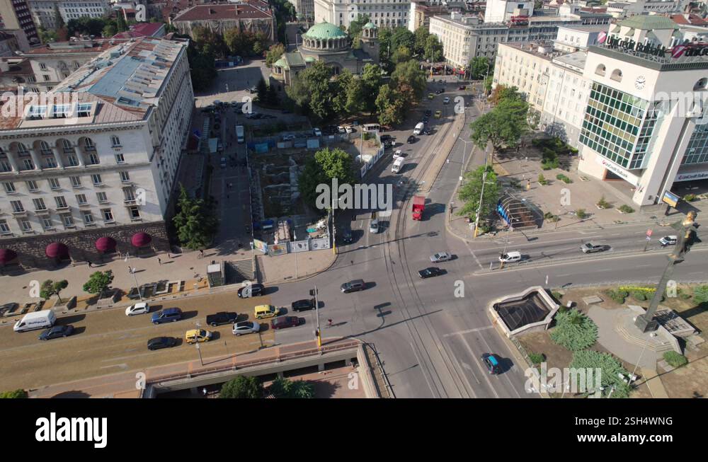 Bulgaria, Sofia. Static Aerial View of Downtown Traffic on Sunny Day, Cars Stock Video Footage ...