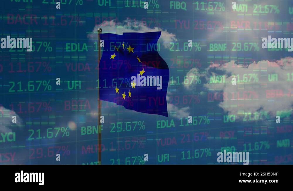 Animation of stock market data processing over waving eu flag against ...