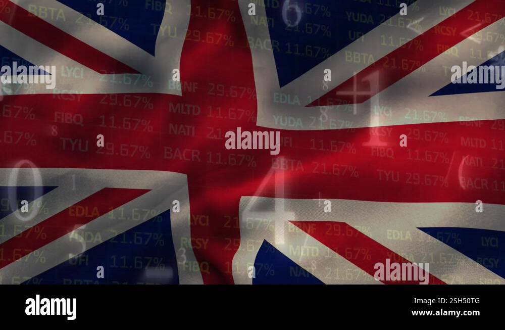 Animation of mathematical symbols over waving uk flag against stock ...
