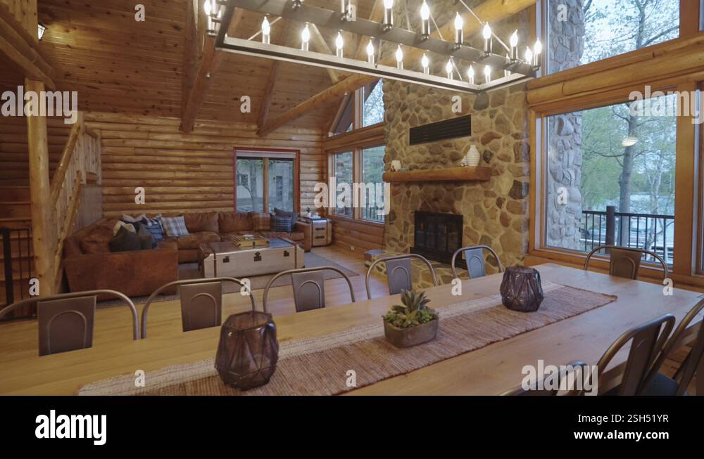 Dining room table inside a residential log home Stock Videos & Footage ...
