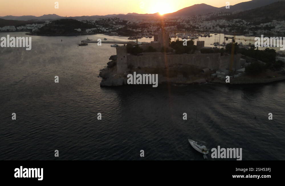 Port with many ships in Bodrum in Turkey at sunset, sea, filmed by ...