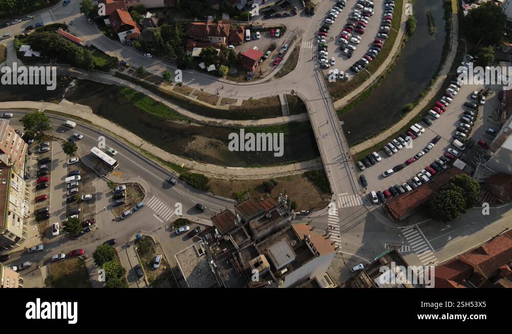 Uzice, Serbia. Flying Above Downtown Hotel Building and Djetinja River ...