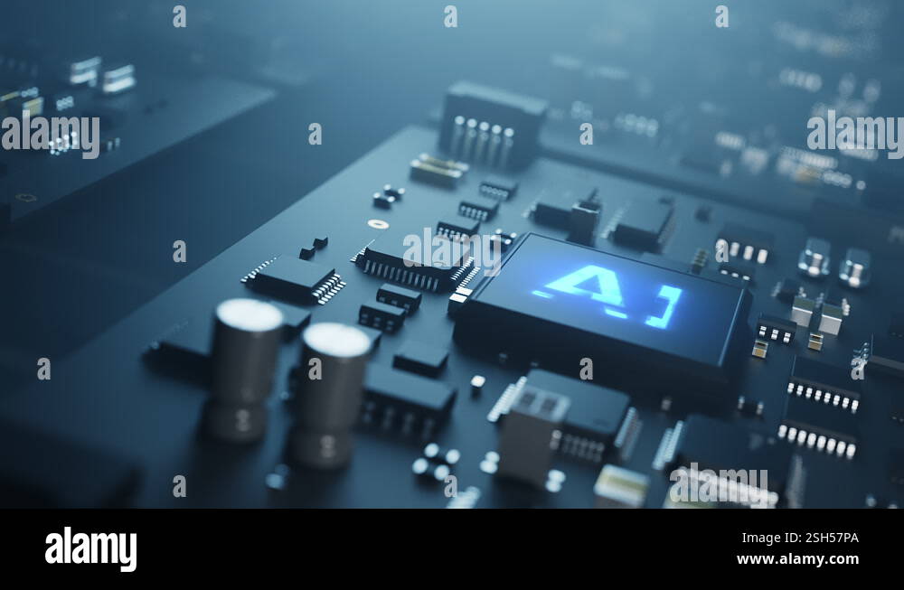 The arm of the manipulator inserts a chip on the chip with the effect ...