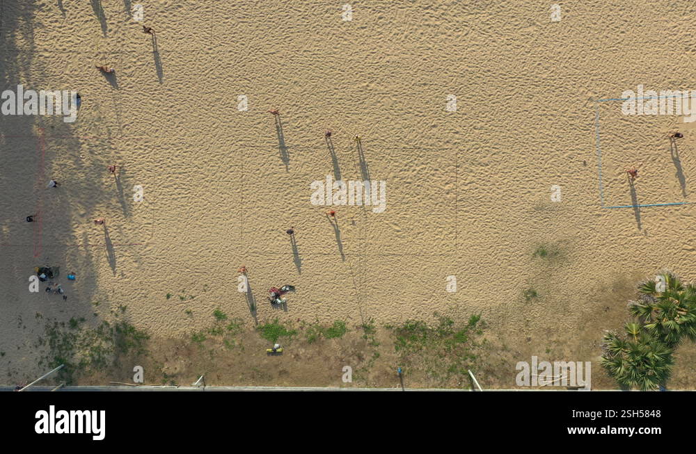 sunny evening phuket beach volleyball ground aerial topdown 4k thailand ...