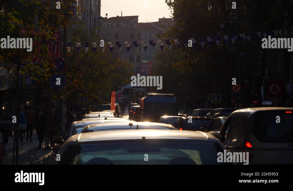 sunset istanbul downtown living block traffic street slow motion view ...