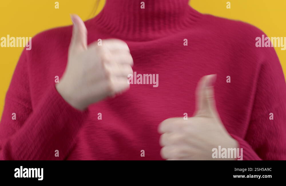 Woman makes hands sign like, thumb up gesture. Correct perfect choice ...