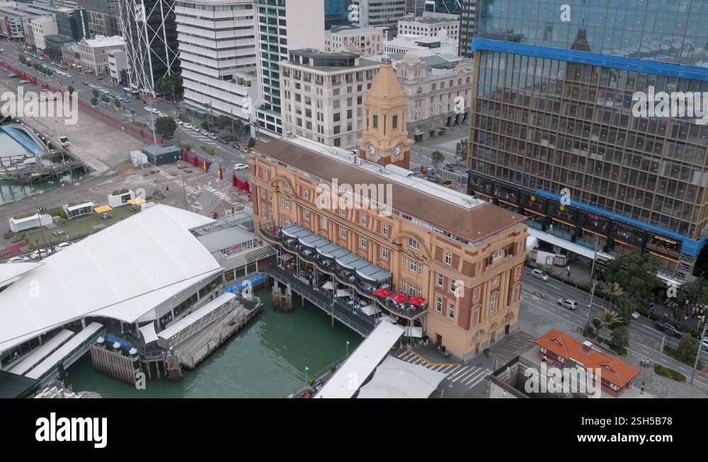 Aerial: Auckland Historic ferry building and terminal, New Zealand ...