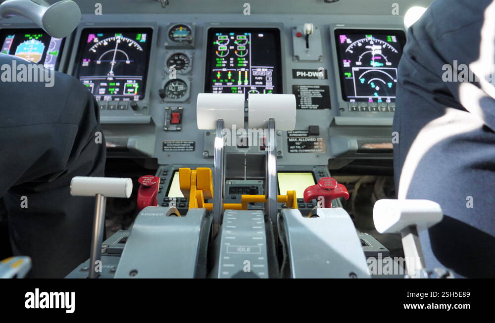 Pilots Inside Aircraft Cockpit With Controls And Instrument Panel ...