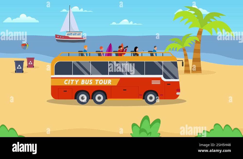 City bus tour passing on the tropical beach Stock Video Footage - Alamy