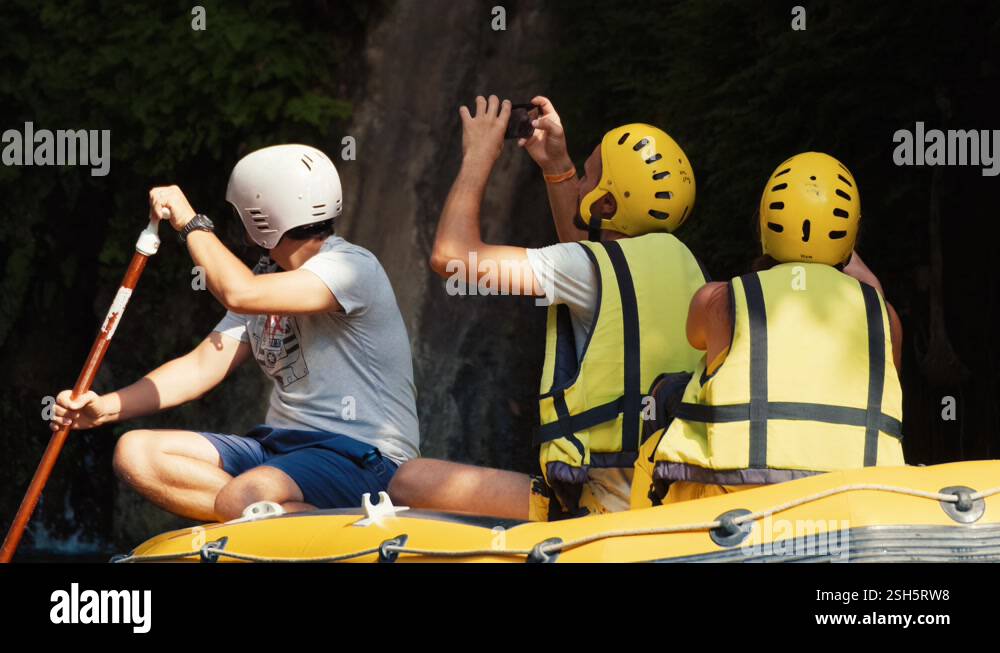 Unidentified tourists rafting in yellow rubber boat in Goynuk canyon in ...