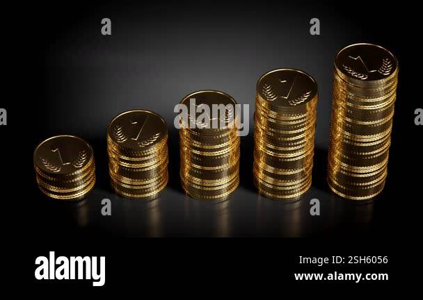 Five stacks of golden coins on black background - 3d 4k animation ...