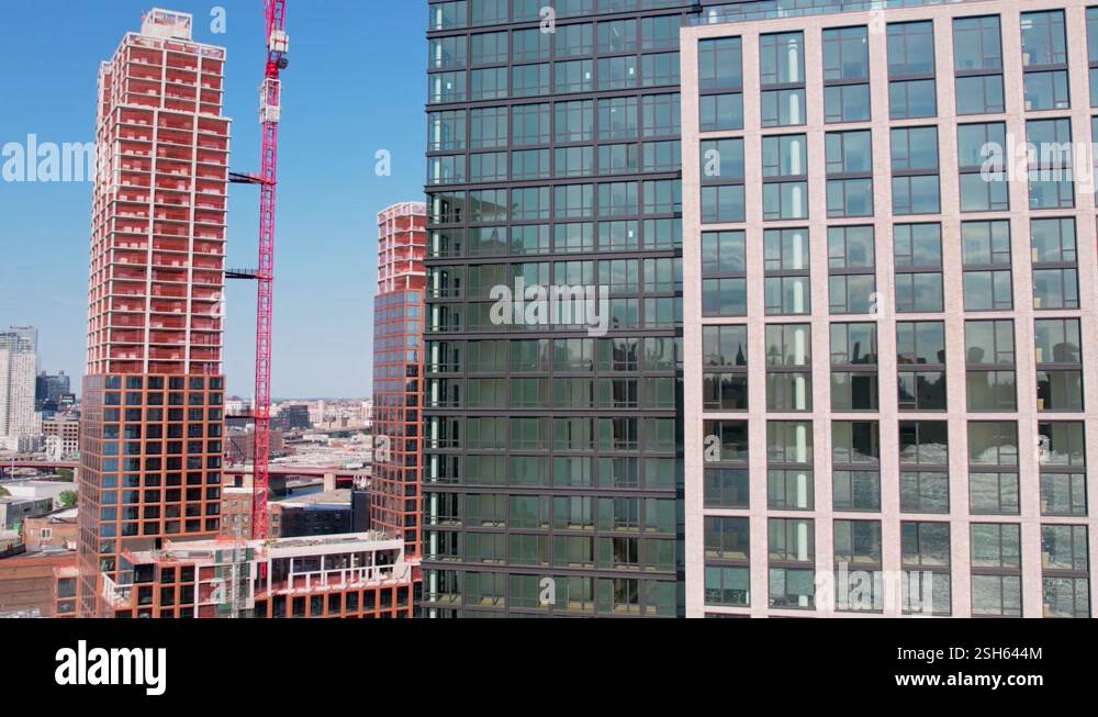 Close Orbit Shot Around Glassy Skytops With Waterfront View , Brooklyn ...