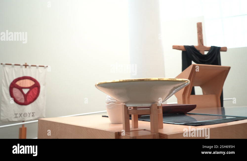 Christian church pulpit with communion elements and cross in the ...