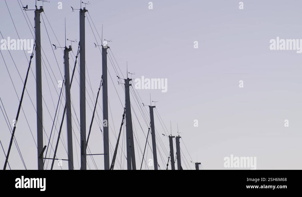 Yacht masts in parking lot in marina. Unrecognizable boats, top of ...