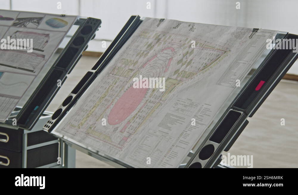 Building drawing and technical documentation on podiums Stock Video ...