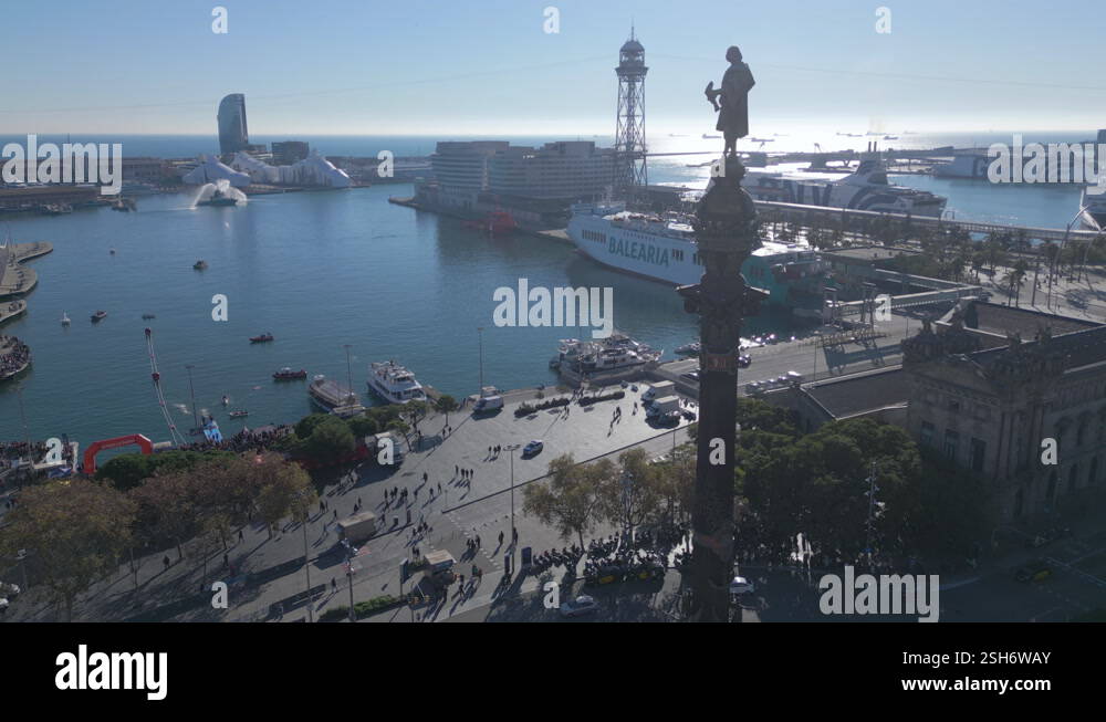 wider flying counter clockwise around Columbus Monument in Port Vell Barcelona Stock Video ...