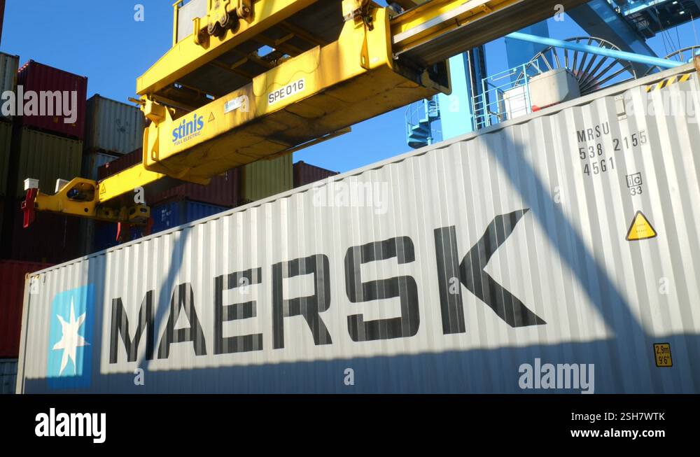 Gantry Crane Spreader Rising Above Maersk Shipping Container At APM ...