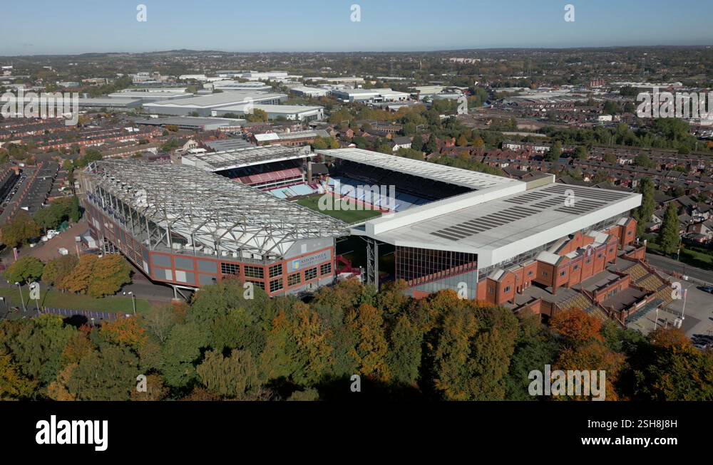 Long wide aerial view of Villa Park stadium, Home of Aston Villa ...