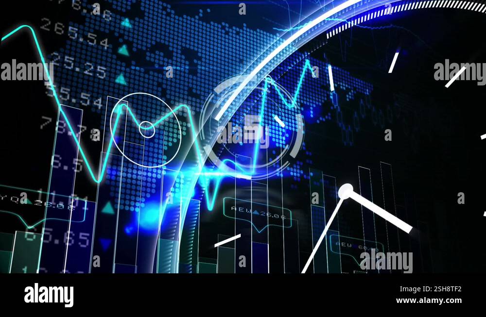 Animation of graphs, numbers and digital clock over map against black background Stock Video ...