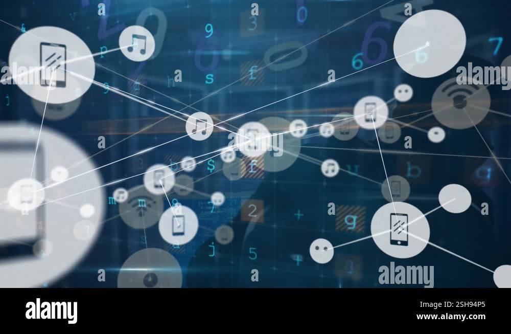 Animation of connected icons over letters, symbols, numbers on rear ...