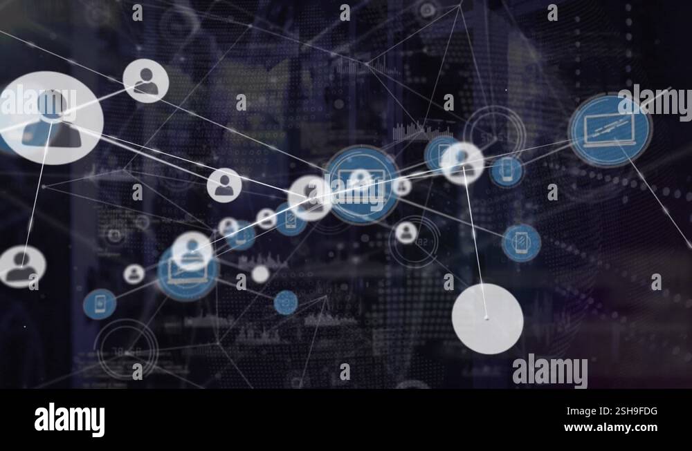 Animation of connected icons and graphs icons over map against server room in Stock Video ...