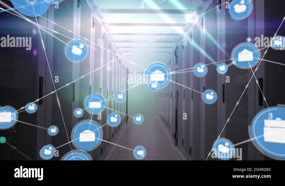 Animation of connected icons and dots with lens flares against server ...