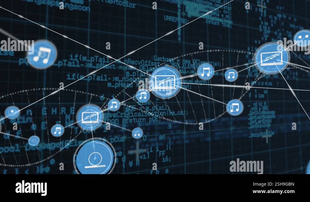 Animation of connected icons, dna helix over programming language ...