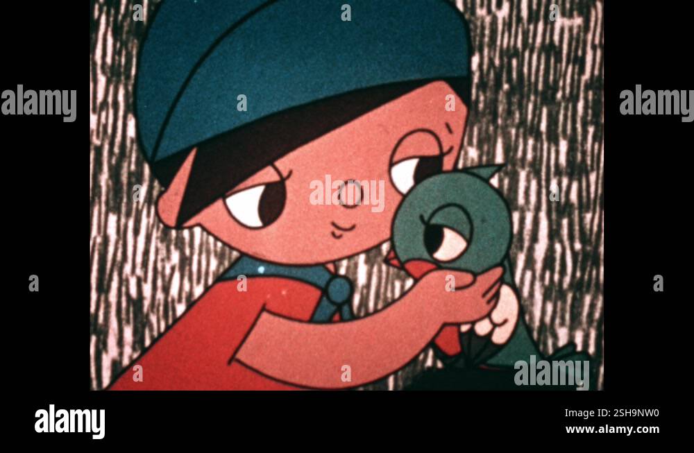 1970s:Cartoon boy and bird look through window. Transmission towers and ...