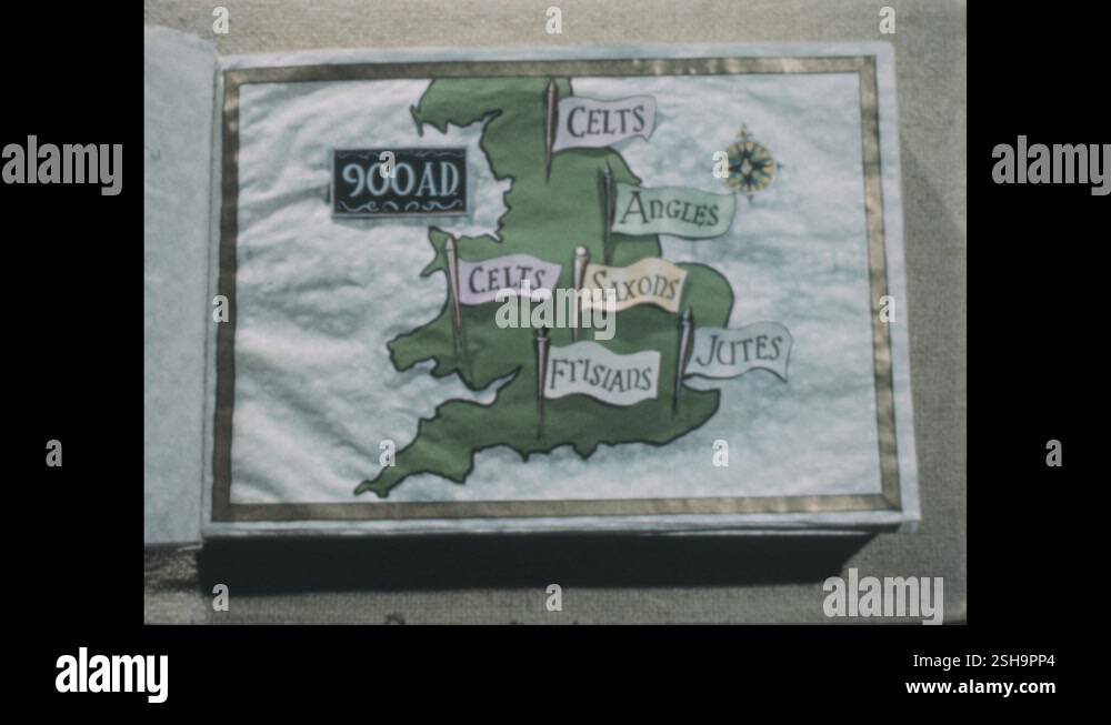 1950s: Book with map of England with flags with names of ethnic groups ...
