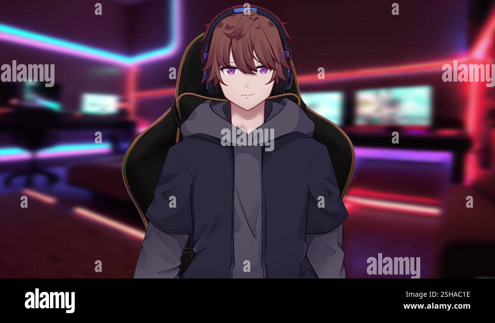 Anime gamer boy vtuber from neon lights cyberspace room streaming ...