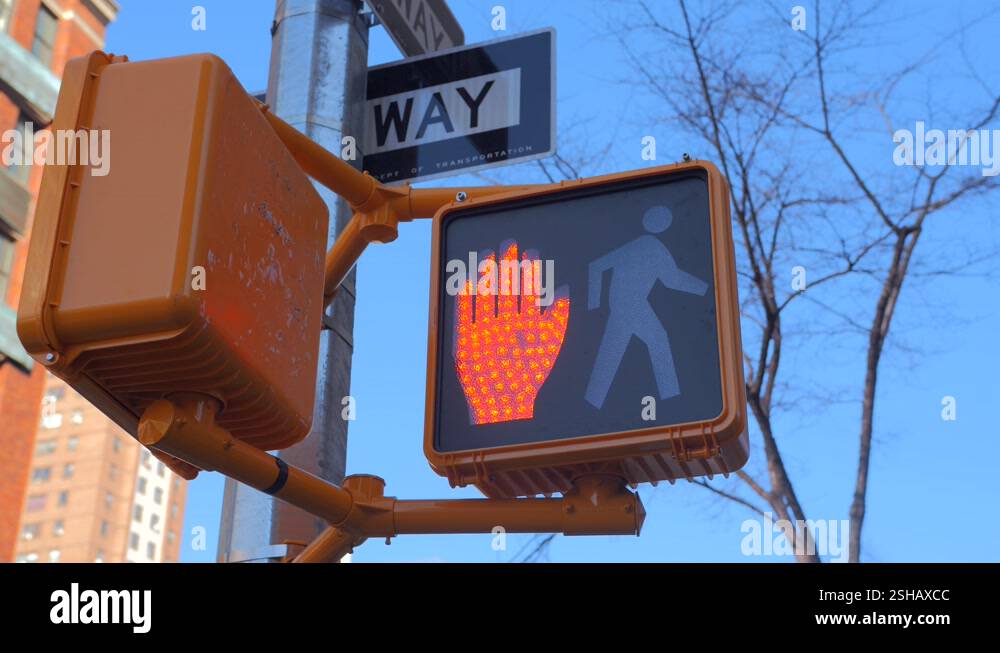 Red Traffic Signal Don't Walk, Raised Hand At The Crossing. low angle ...