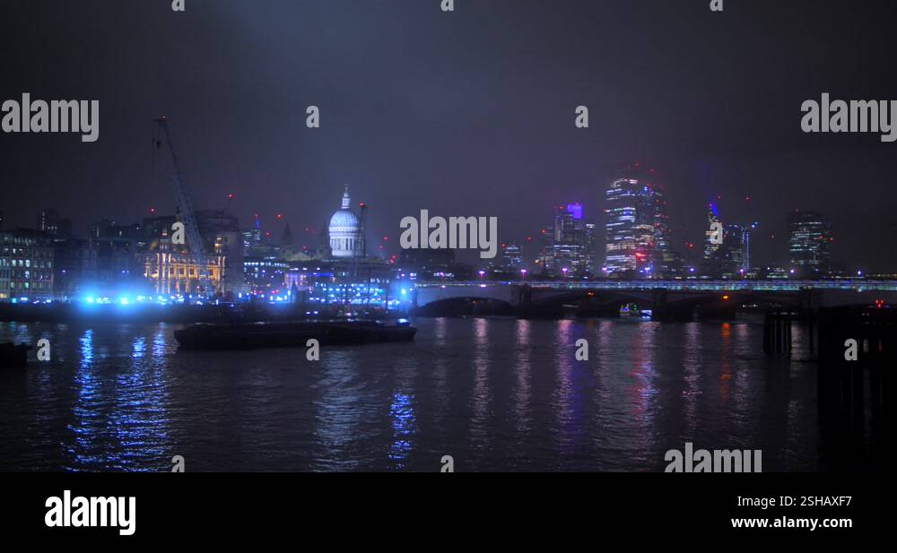 Cinematic Night View Of Marine Vessel And London Cityscape By The River ...