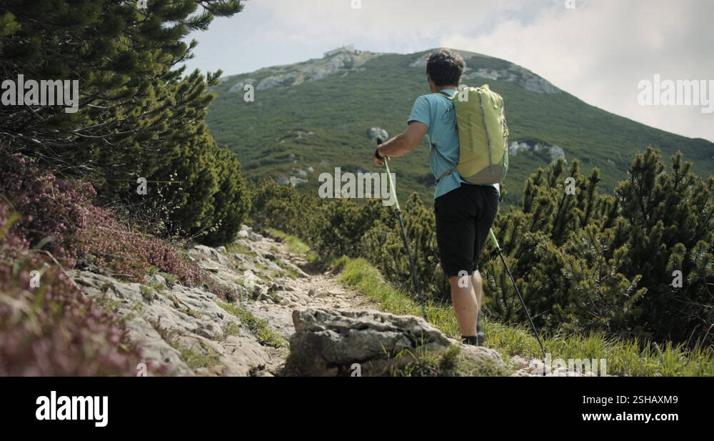Camera tracking from behind a hiker with a hiking poles and light green ...